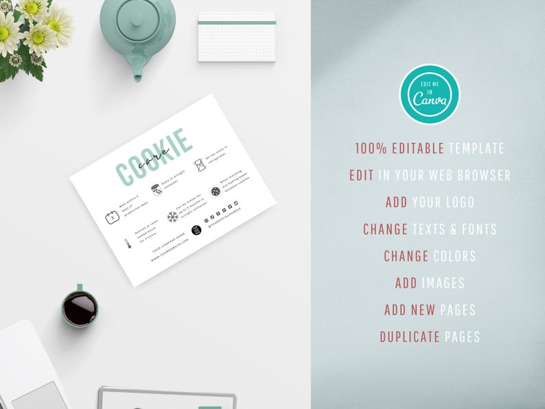 Cookie Care Card Template, Editable Cookies Care Instructions, Bakery ...