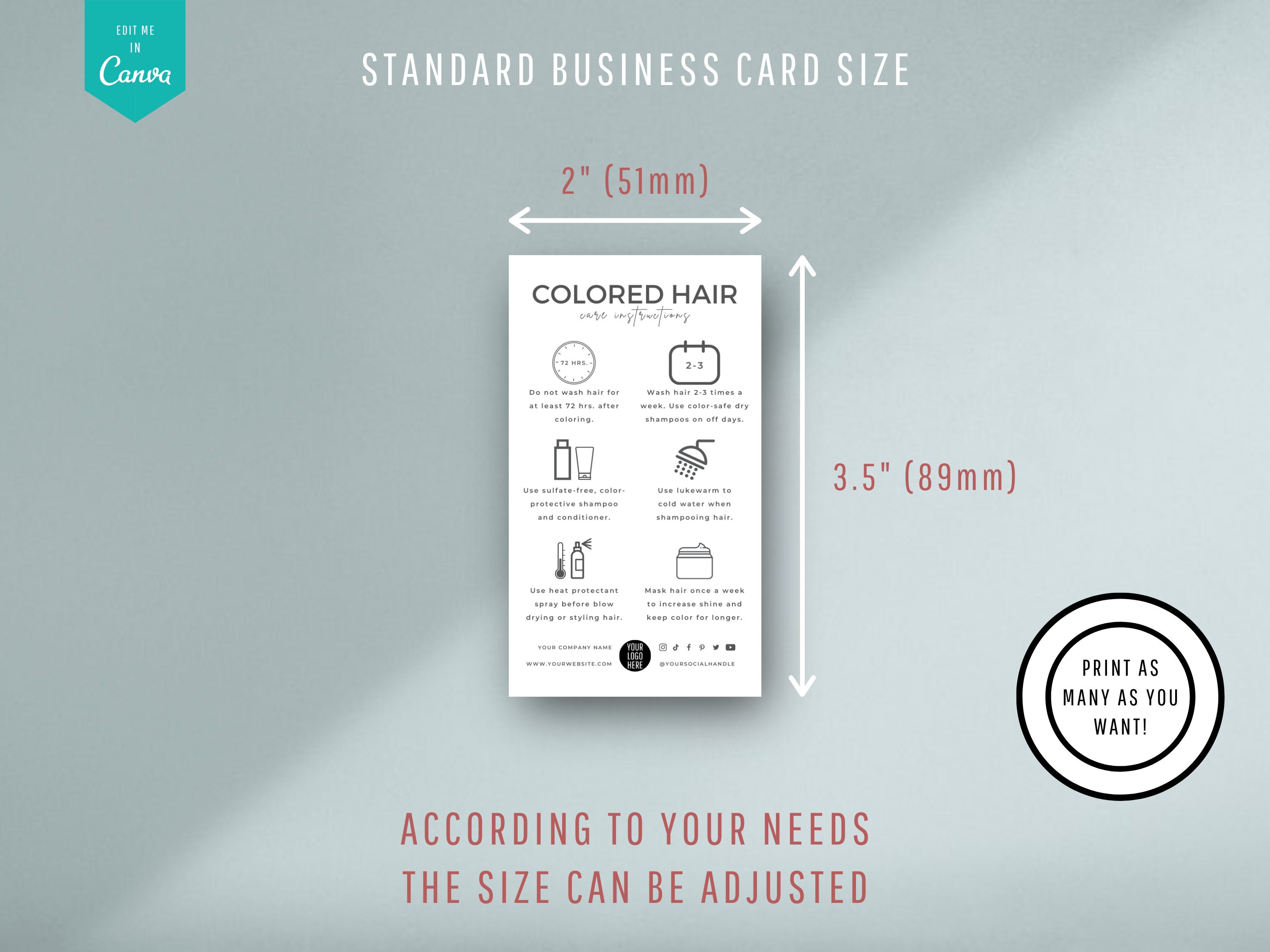 Mini Colored Hair Care Card Template, Editable Dyed Hair Aftercare ...