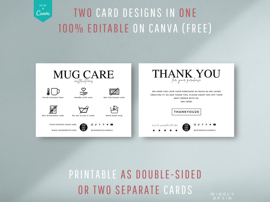 Mug Care Card Template, Mini Coffee Cup Care Guide, Editable Mugs Care ...