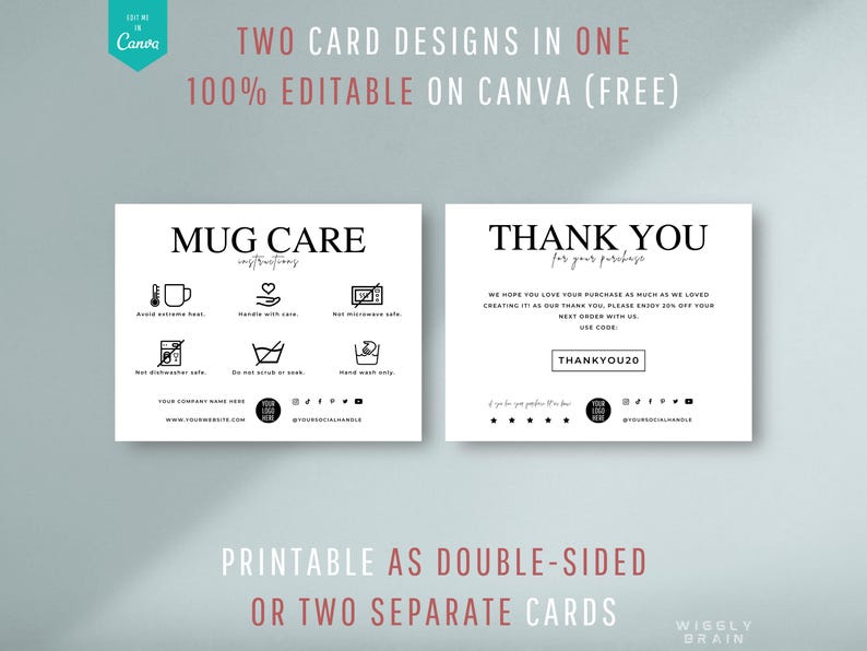 Mug Care Card Template, Mini Coffee Cup Care Guide, Editable Mugs Care ...