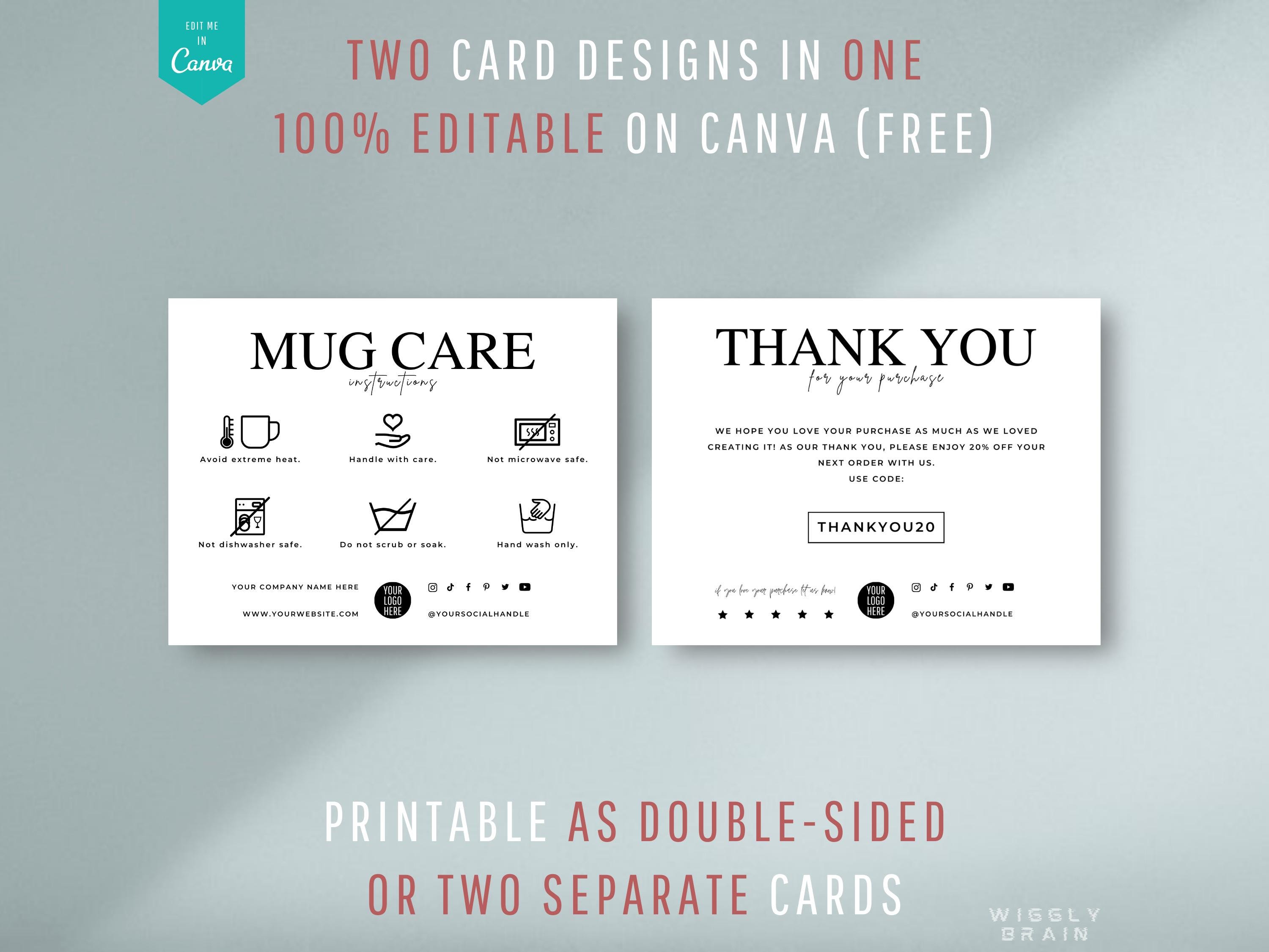 Mug Care Card Template, Mini Coffee Cup Care Guide, Editable Mugs Care ...