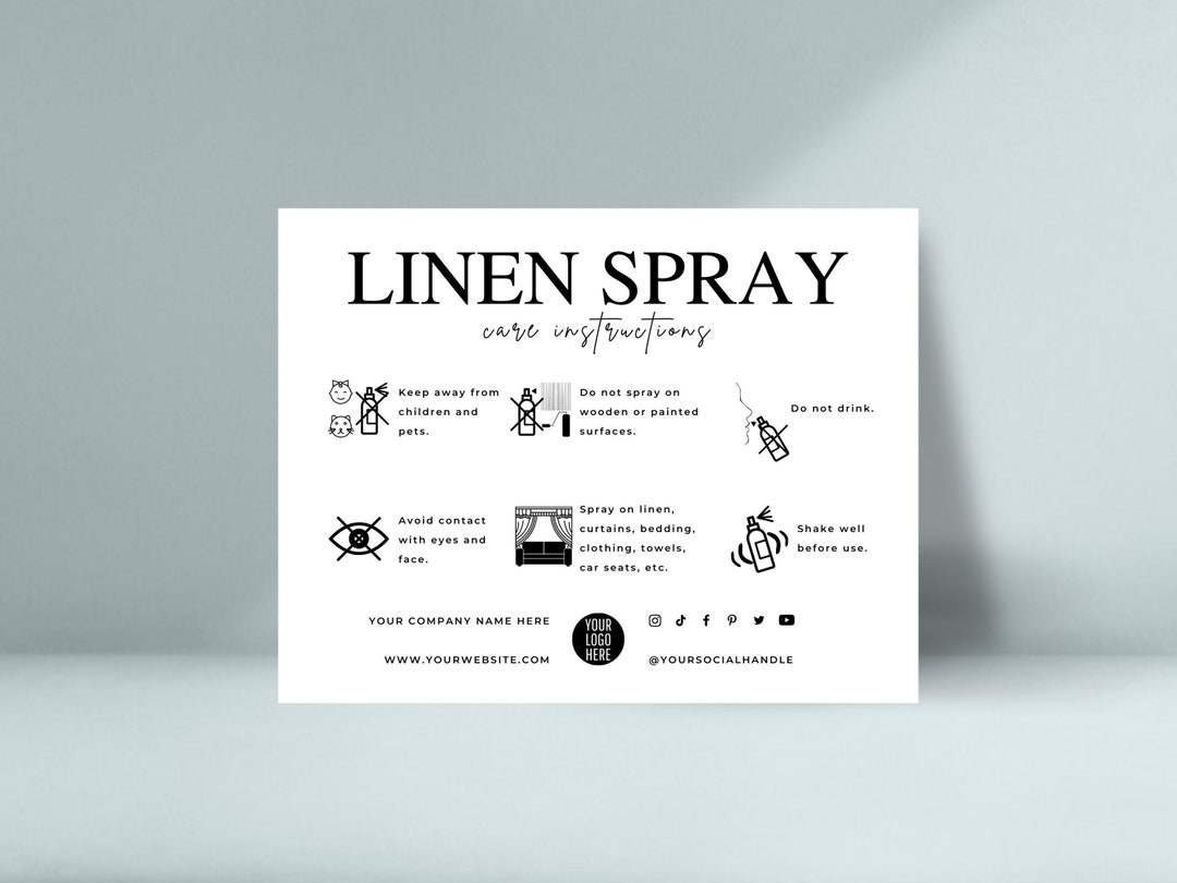 Editable Linen Spray Care Card Template, Fabric Mist Care Instructions ...