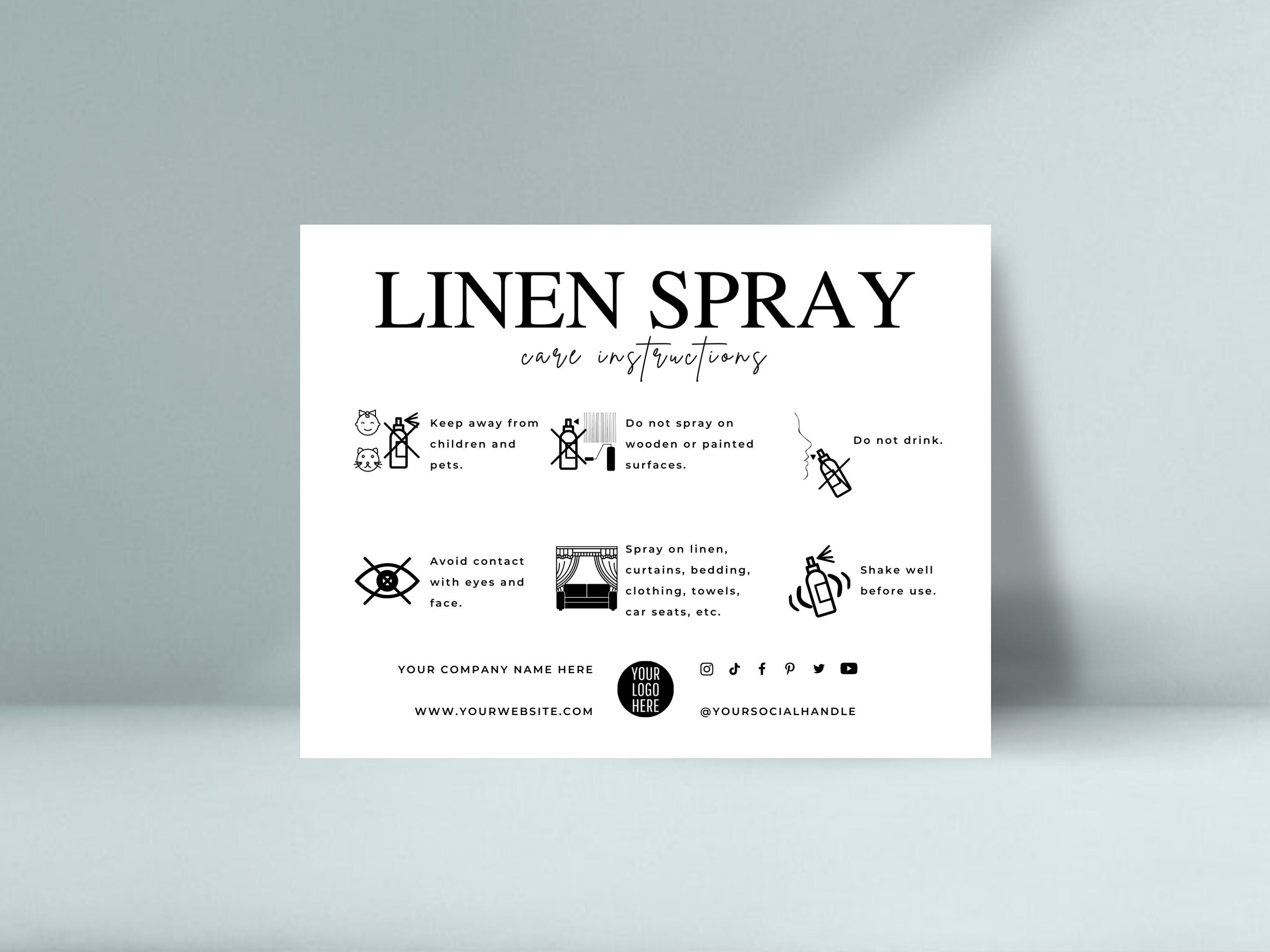 Editable Linen Spray Care Card Template Fabric Mist Care | Etsy