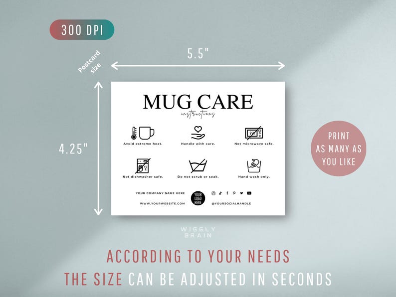 Mug Care Card Template, Mini Coffee Cup Care Guide, Editable Mugs Care ...