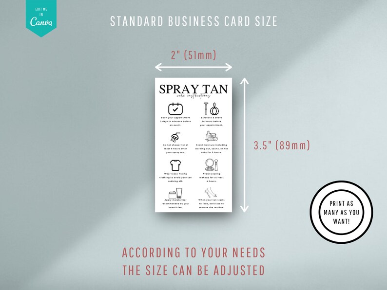 Editable Spray Tan Care Card Template Tanning Aftercare - Etsy