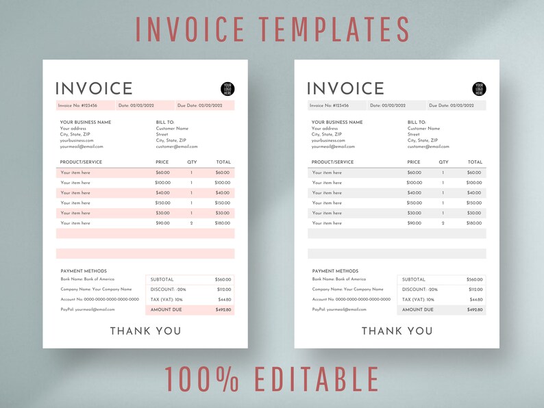 Editable Invoice Template Printable Business Invoice Custom - Etsy