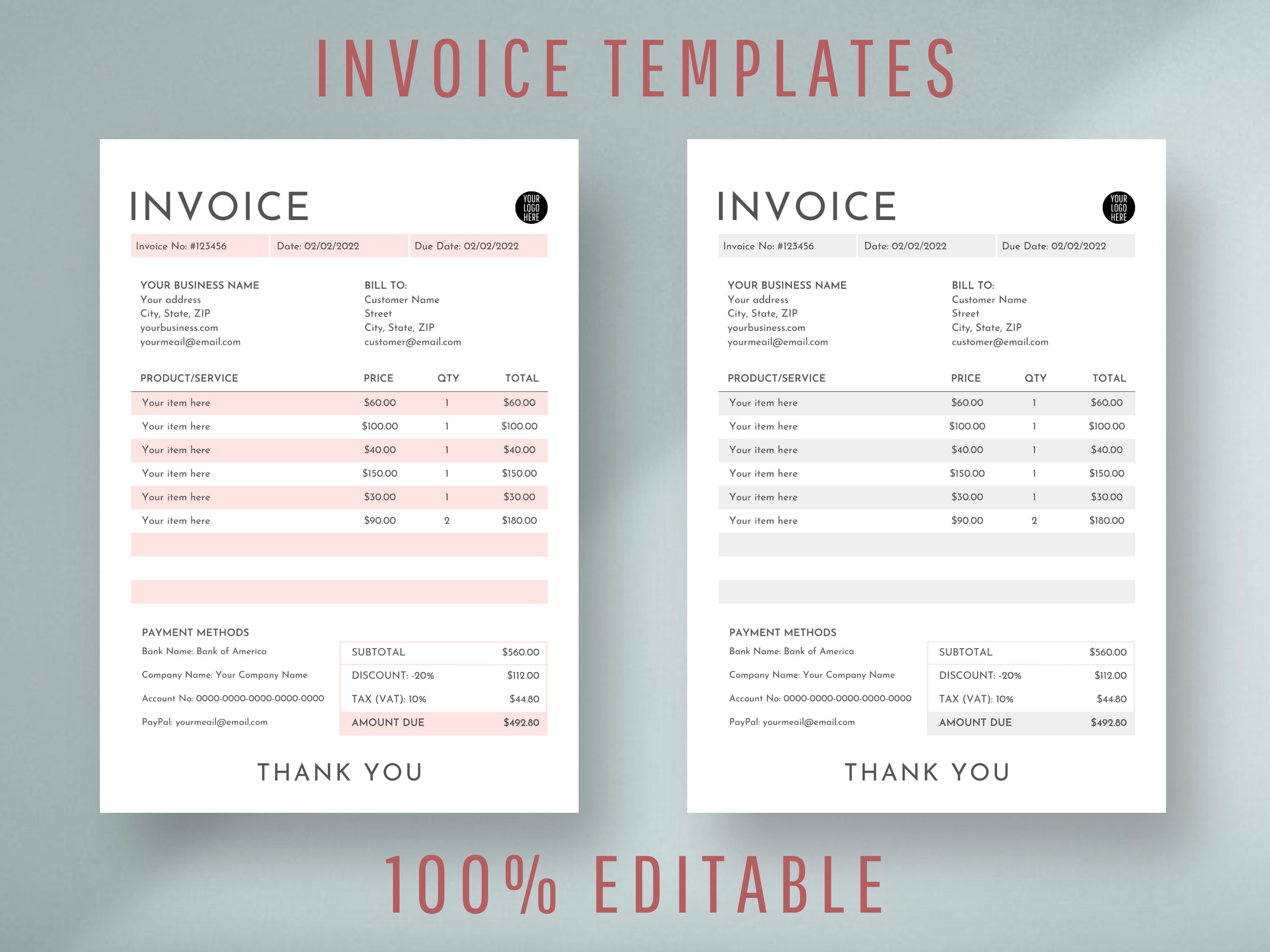 Editable Invoice Template Printable Business Invoice Custom - Etsy Canada
