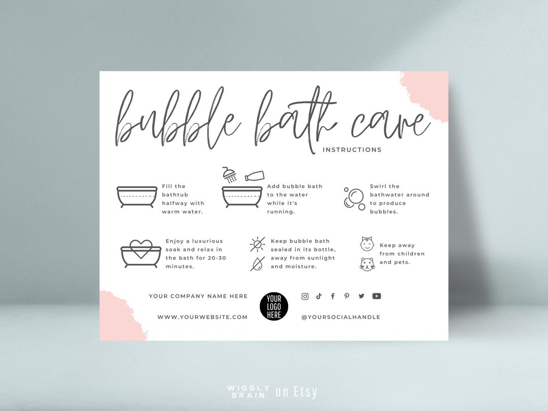 Bubble Bath Care Guide Template, Custom Bath Foam Care Cards, Printable ...