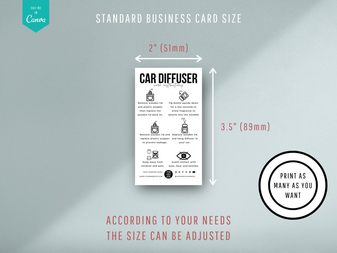 Mini Car Diffuser Care Card Template Editable Car Scent Care - Etsy