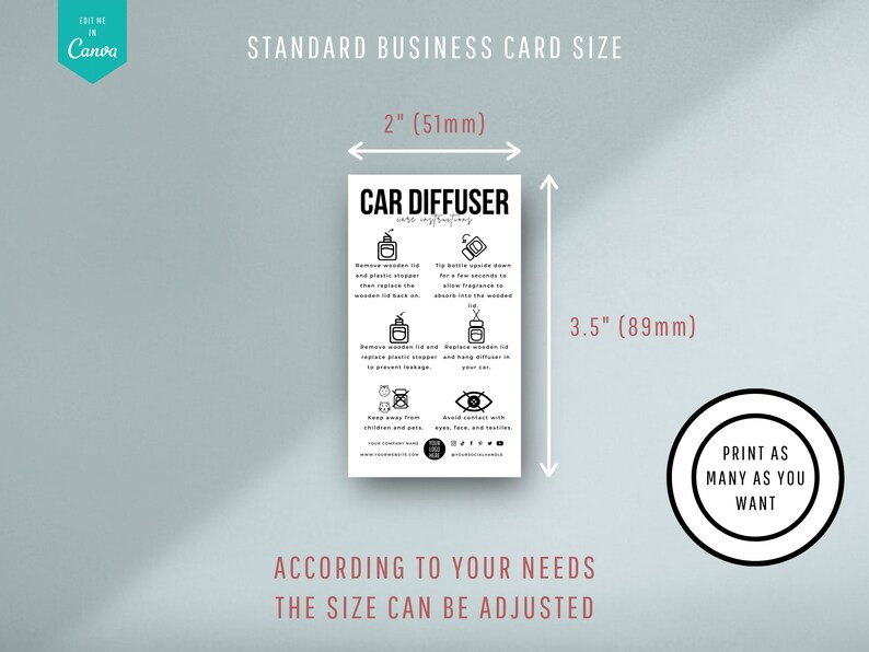 Mini Car Diffuser Care Card Template, Editable Car Scent Care ...