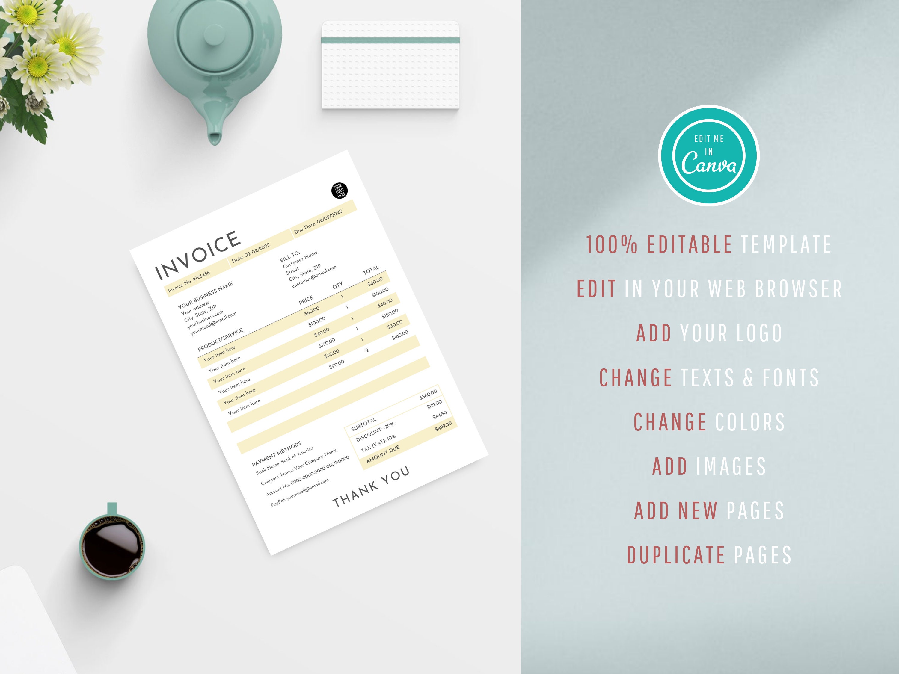 Editable Invoice Template Printable Business Invoice Custom - Etsy Canada