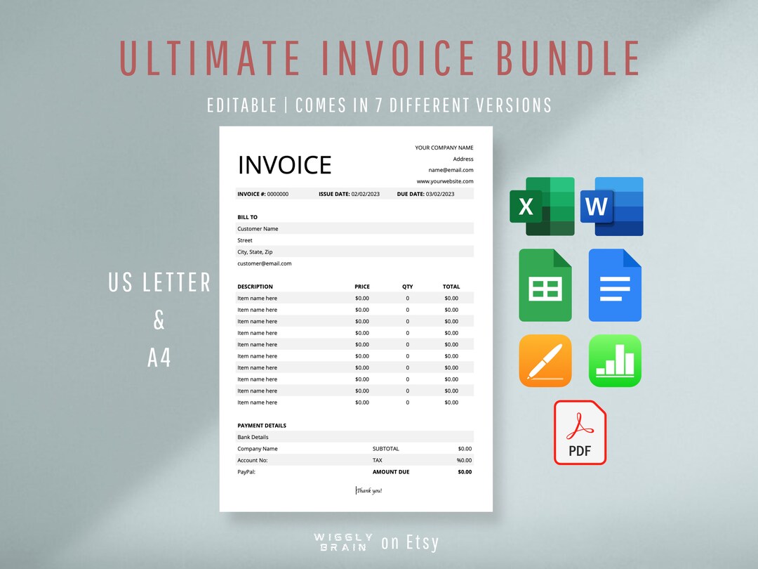 Editable Invoice Template Bundle in US Letter & A4, MS Word MS Excel ...