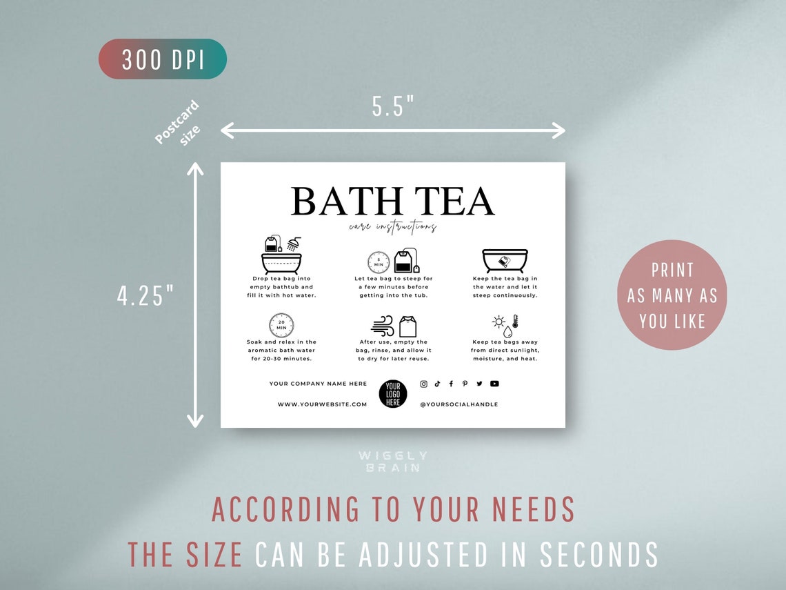 Editable Bath Tea Care Card Template, Tub Tea Care Guide, Herbal Bath ...