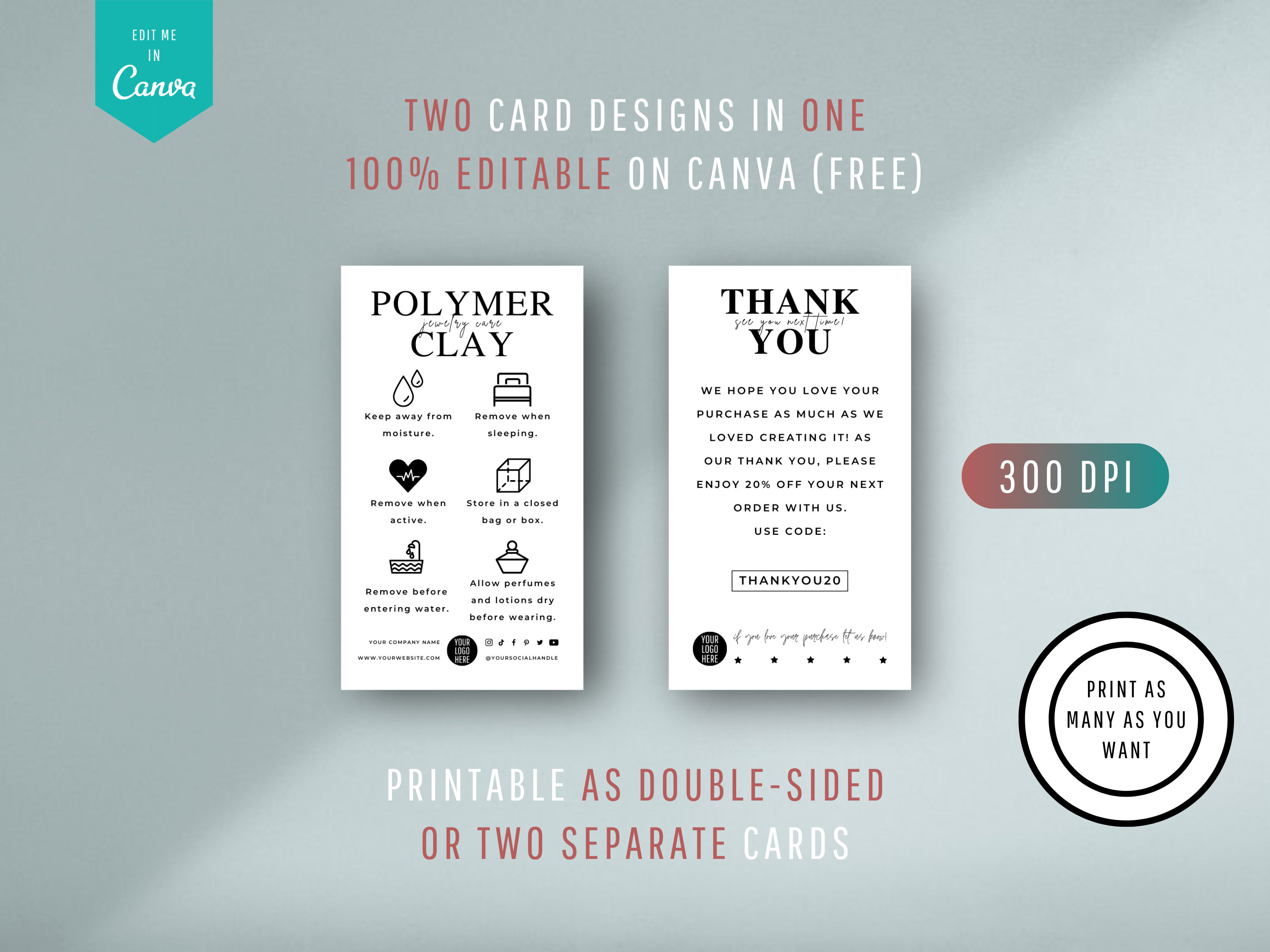 Mini Polymer Clay Jewelry Care Card Template, Editable Jewellery Care ...