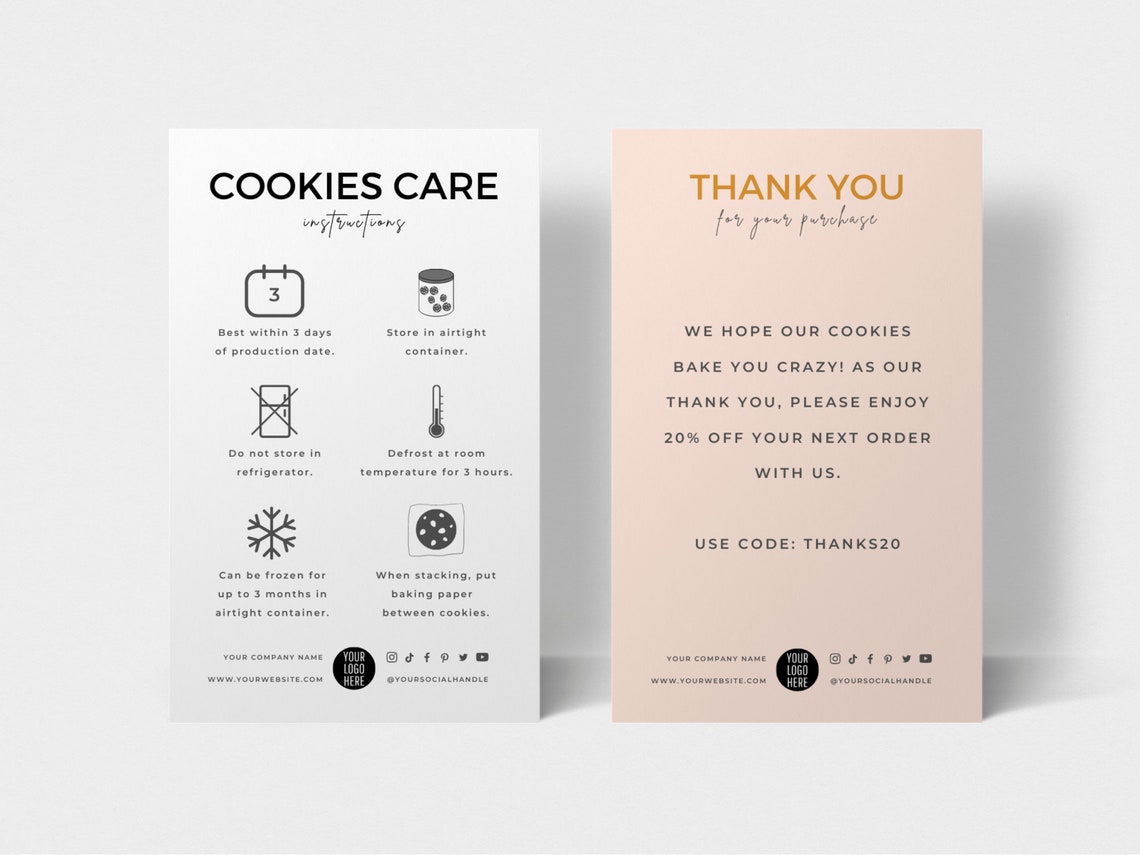Cookie Care Card Template Editable Cookies Care Instructions - Etsy
