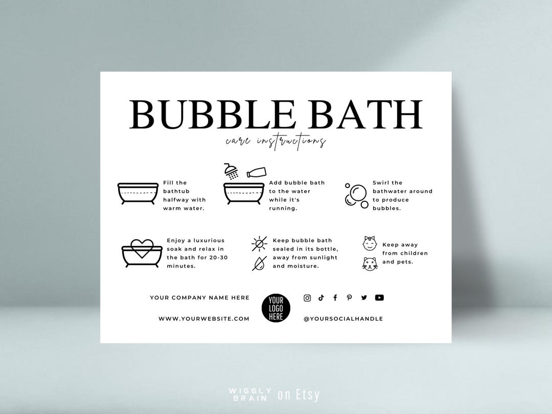 Bubble Bath Care Guide Template, Custom Bath Foam Care Cards, Editable ...