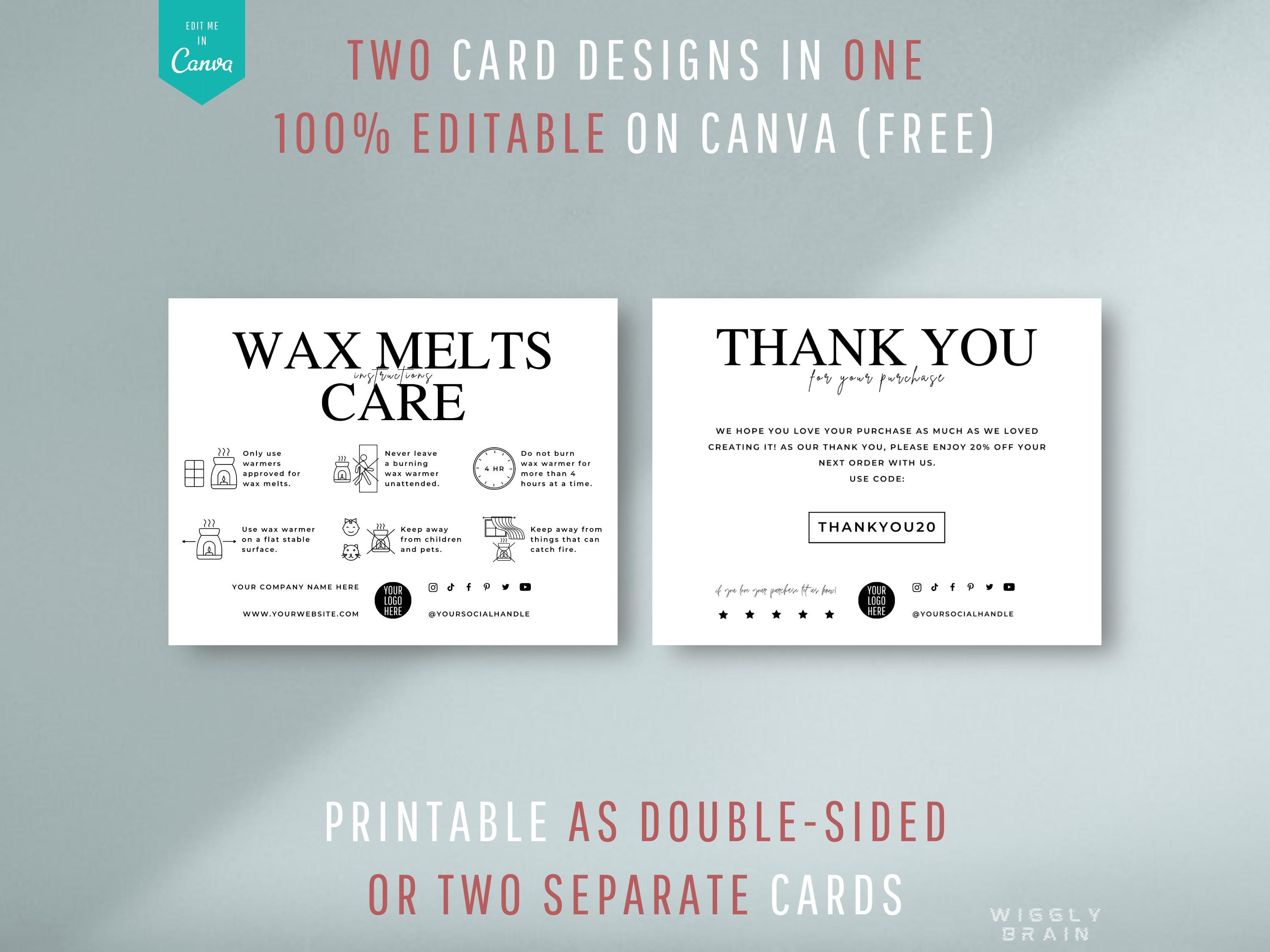 Editable Wax Melts Care Card Template, Wax Melt Instructions Cards, Wax ...