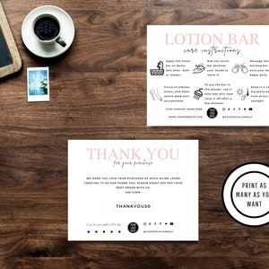 Lotion Bar Care Card Template, Editable Solid Lotion Application Guide ...