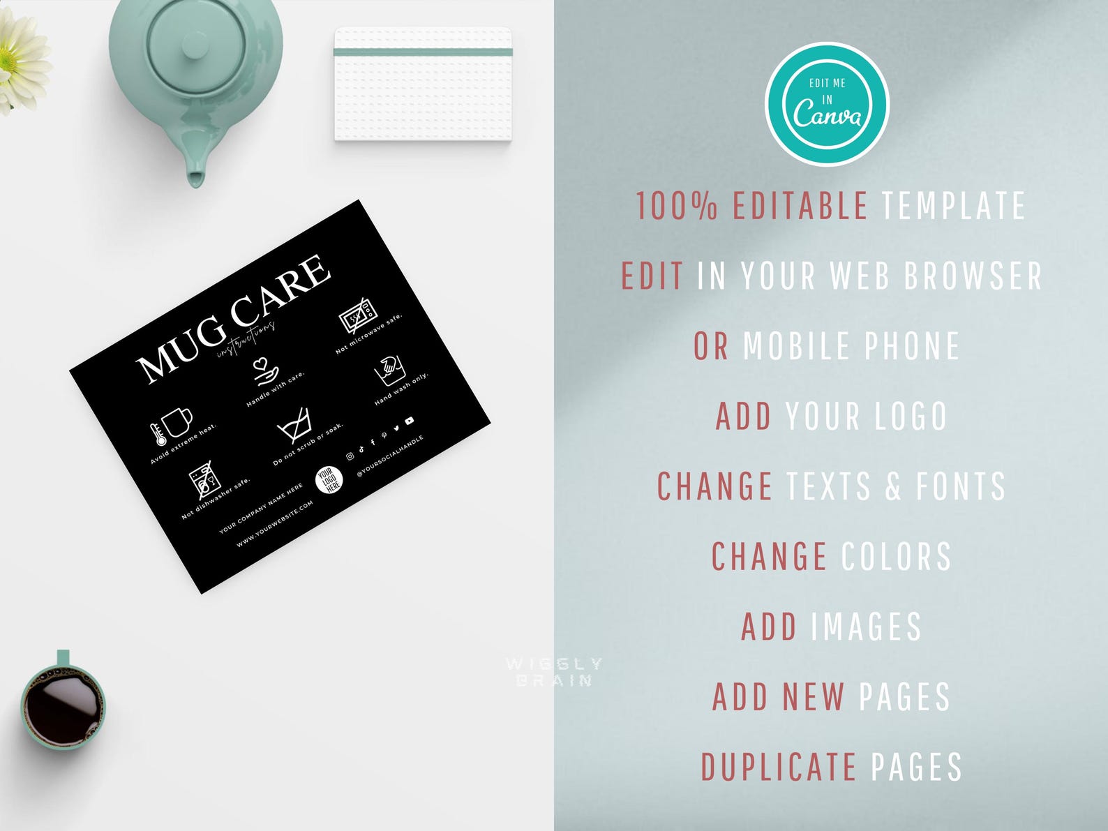 Mug Care Card Template, Mini Coffee Cup Care Guide, Editable Mugs Care ...