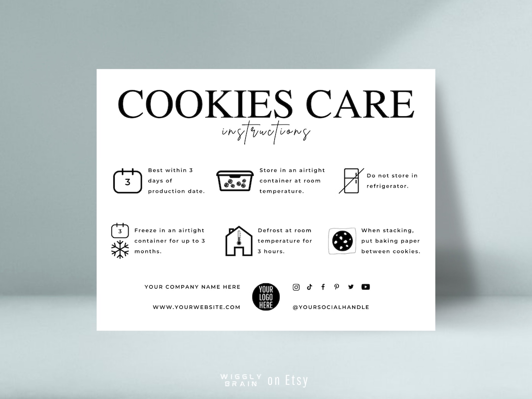 Cookies Care Card Template, Editable Cookie Care Instructions, Bakery ...