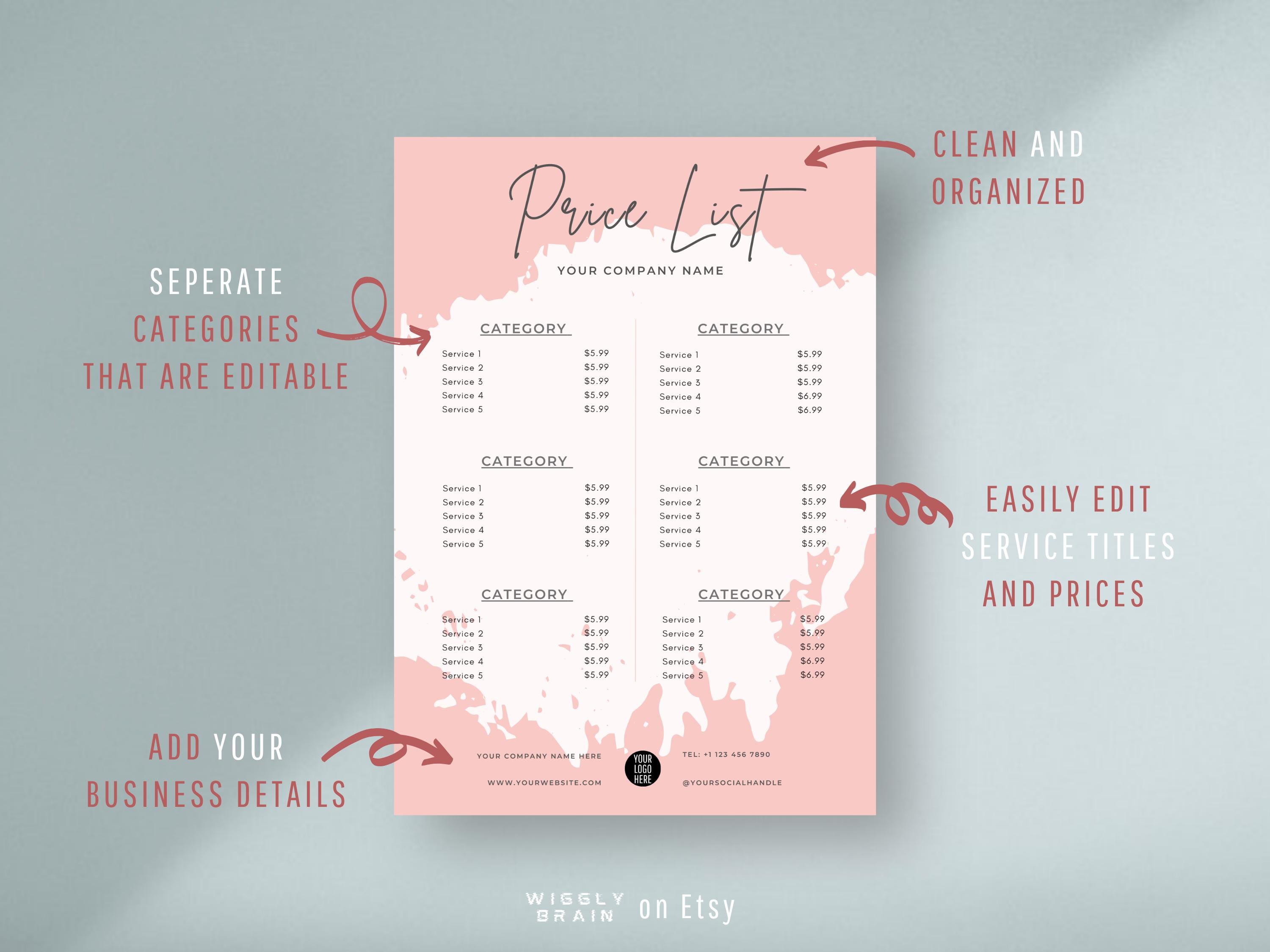 Editable Vinyl Price List Template, Printable Pricing Sheet, Beauty ...