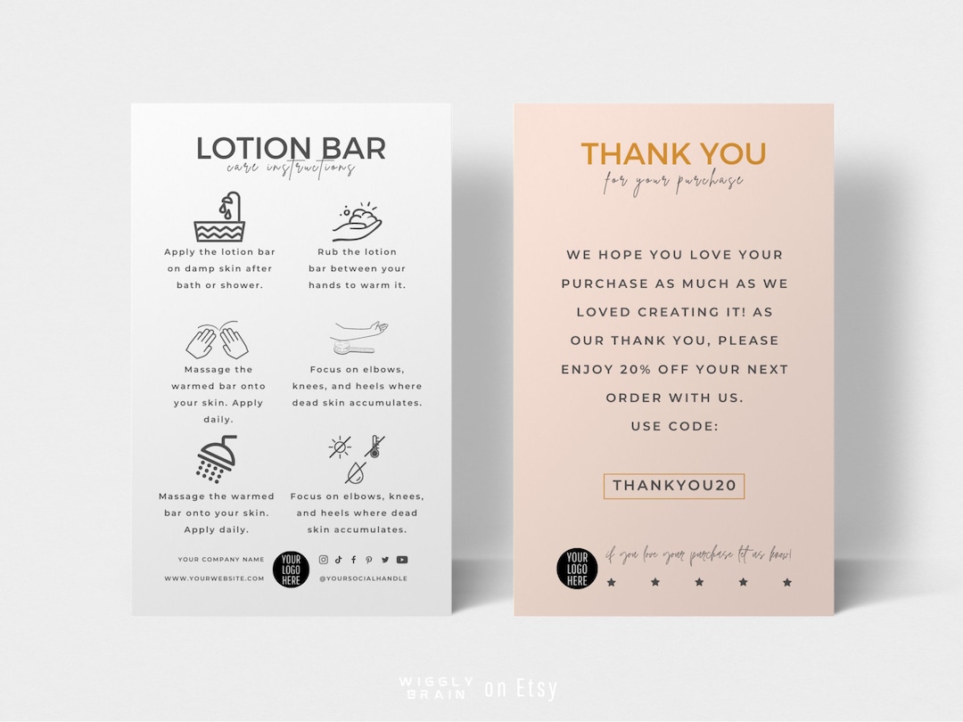 Lotion Bar Care Card Template, Editable Solid Lotion Application Guide ...