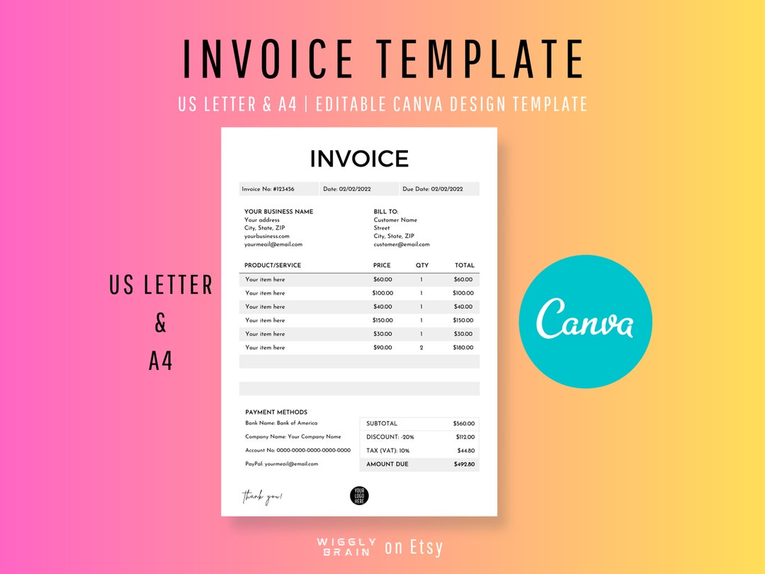 Editable Invoice Template Printable Business (Instant Download) - Etsy