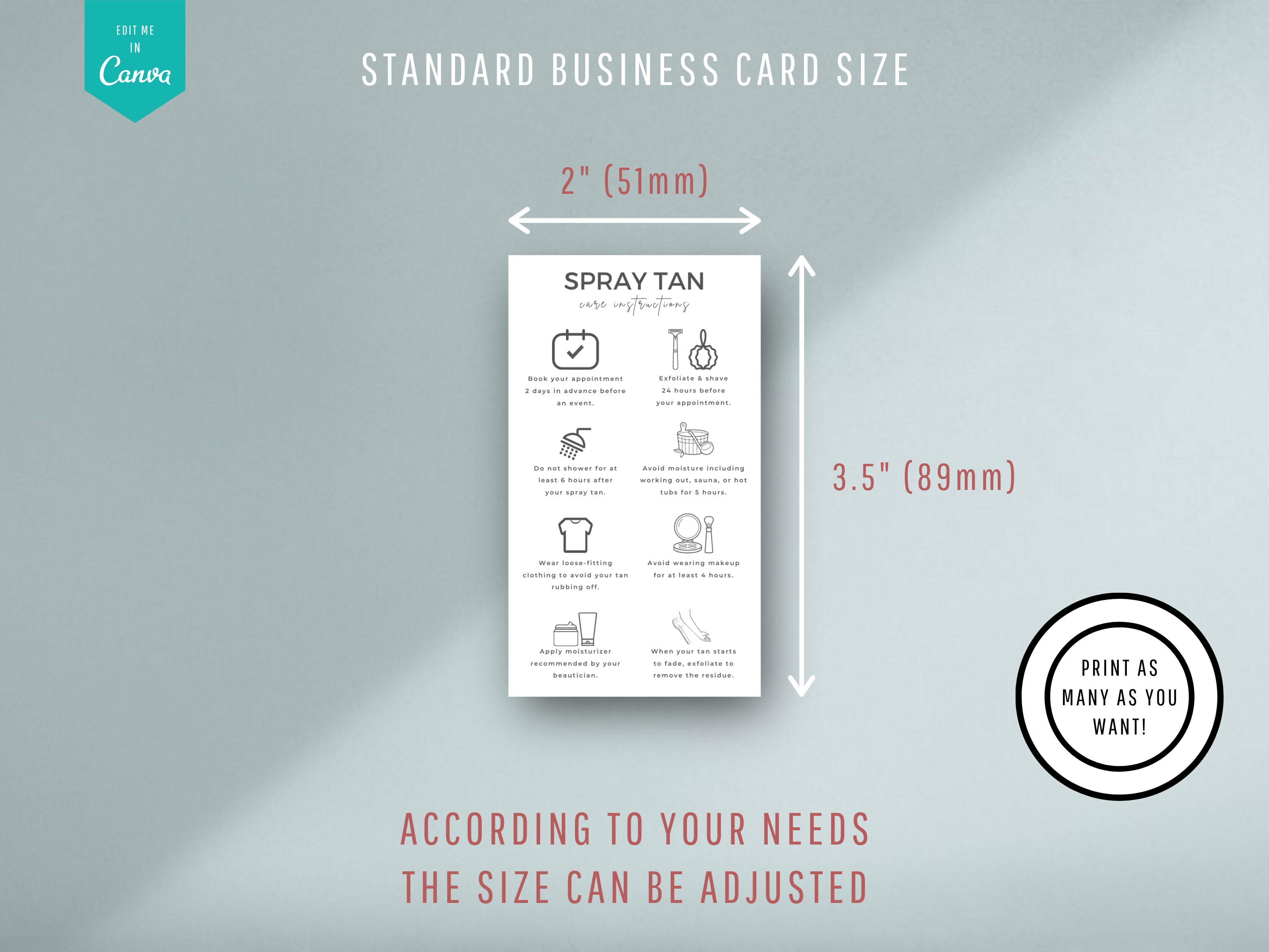 Editable Spray Tan Care Card Template, Tanning Aftercare Instructions ...