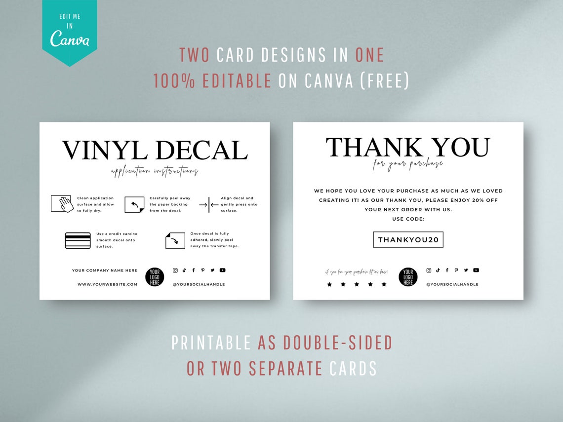Editable Vinyl Decal Application Instructions Card, Vinyl Care Cards ...