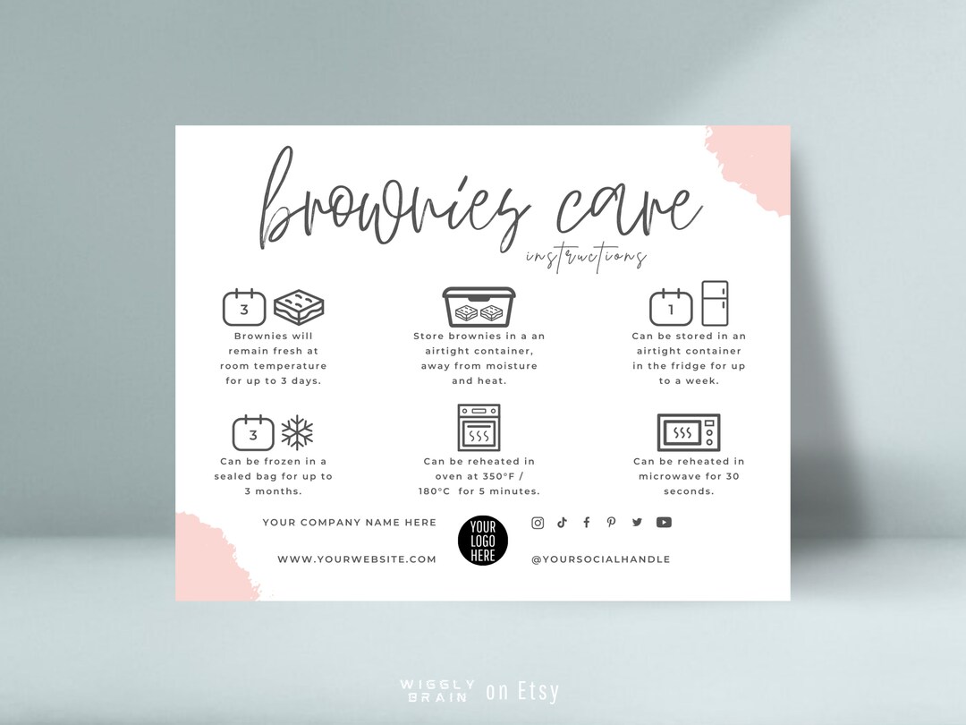 Brownies Care Card Template, Editable Brownie Storage Instructions ...