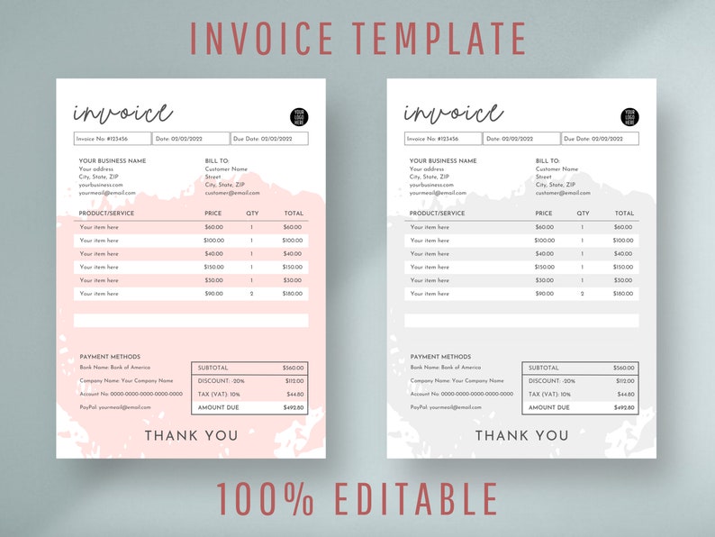 Editable Invoice Template Printable Business Invoice Custom | Etsy