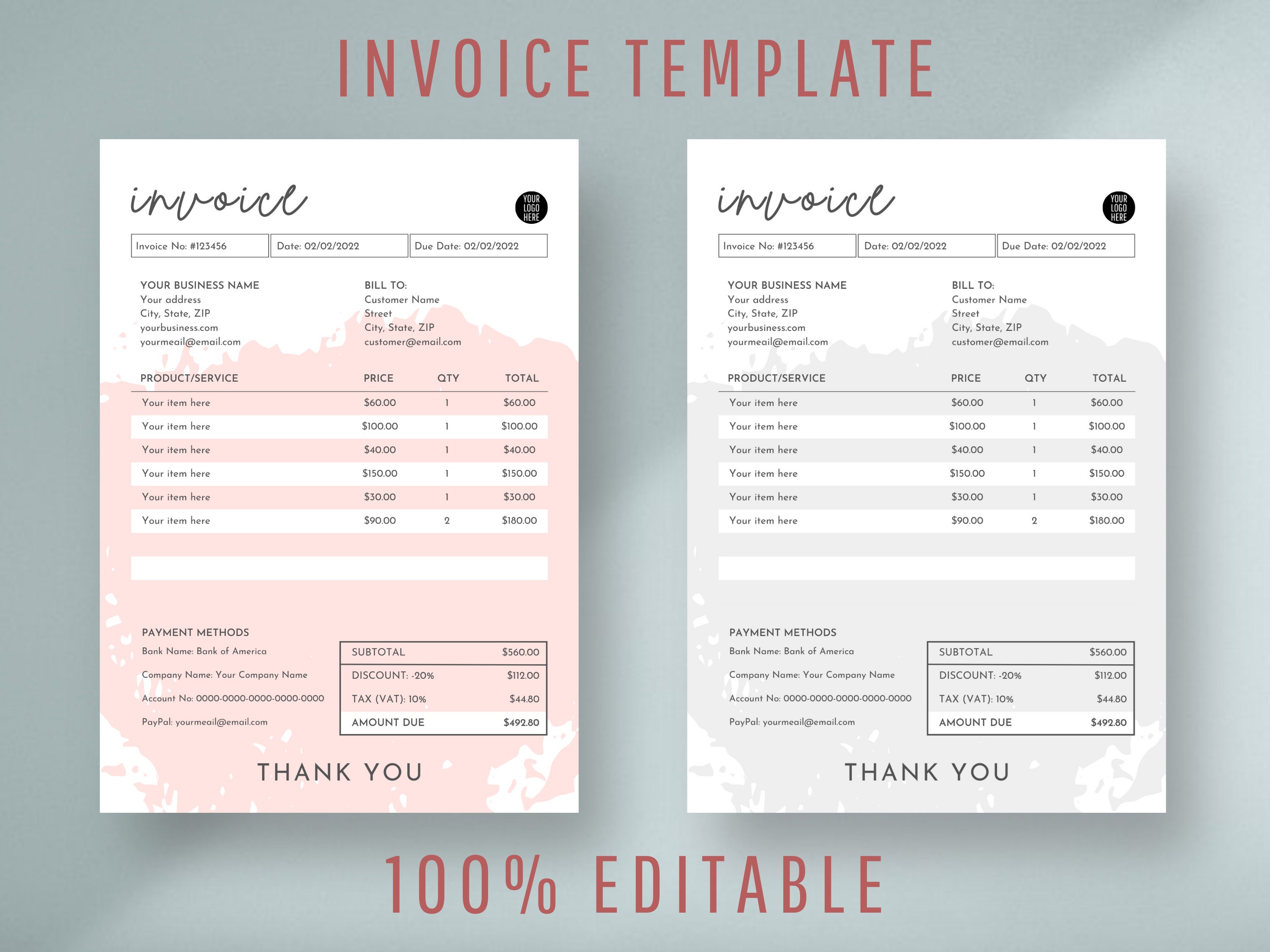 Editable Invoice Template Printable Business Invoice Custom - Etsy Canada