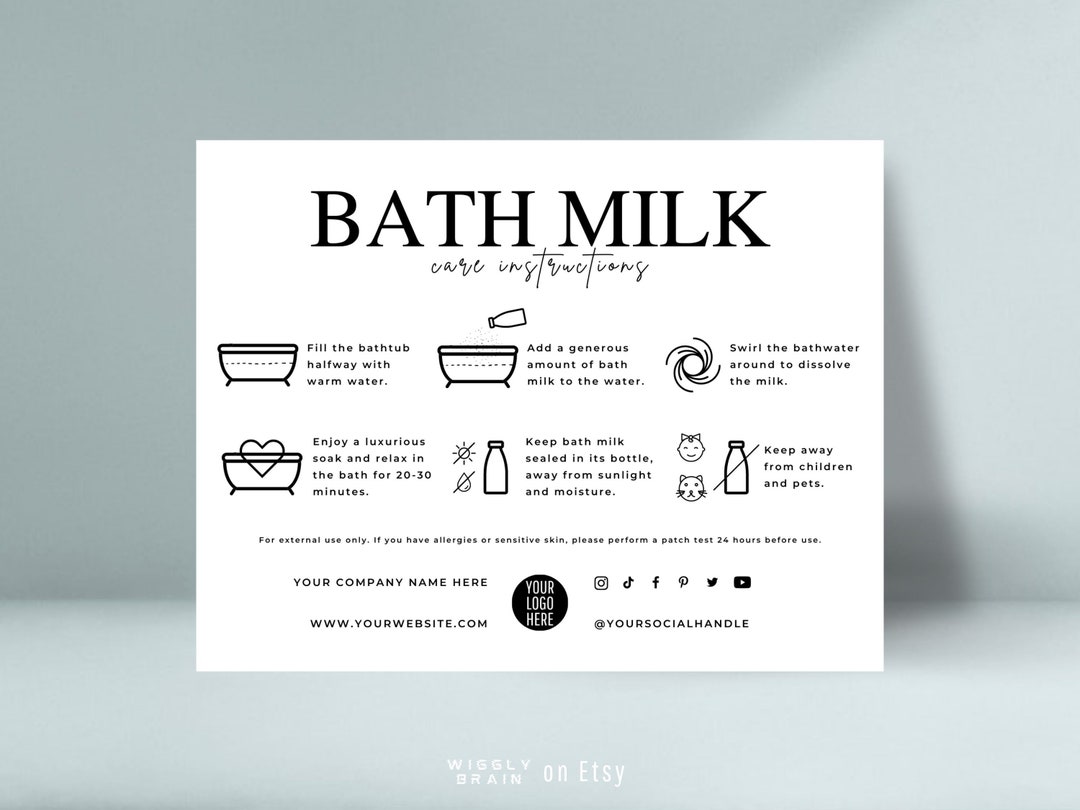 Editable Bath Milk Care Card Template, Bath Soak Care Instructions ...