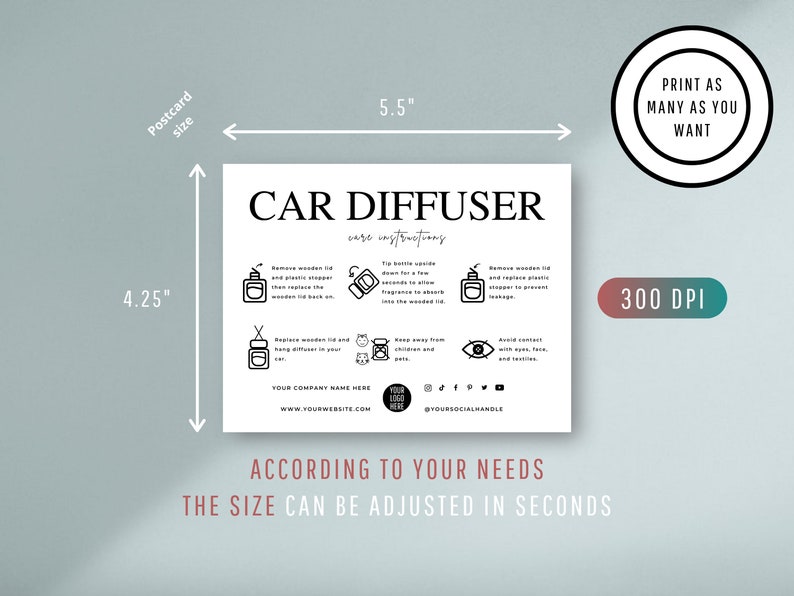Editable Car Diffuser Care Card Template, Car Scent Care Instructions ...