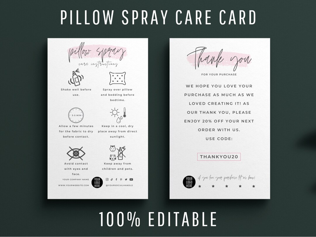 Editable Mini Pillow Spray Care Card Template, Sleep Mist Care Guide ...