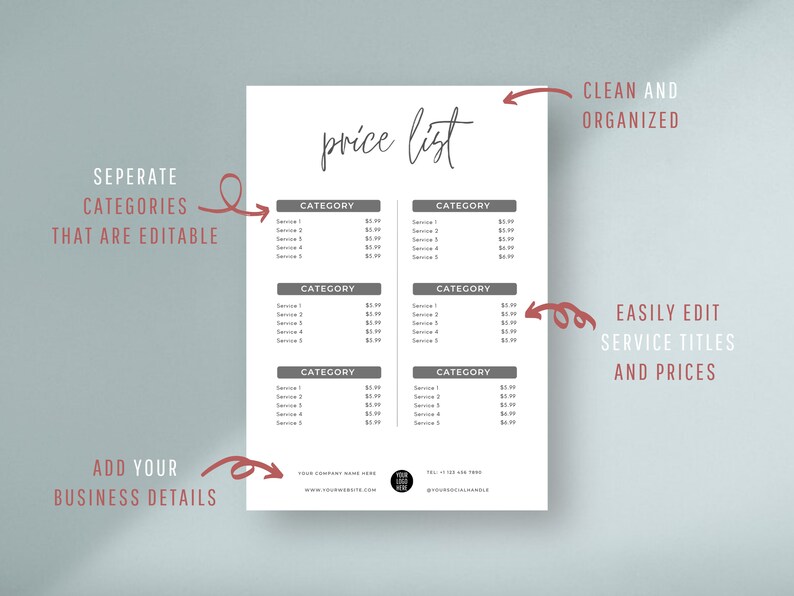 Editable Vinyl Price List Template, Printable Pricing Sheet, Beauty ...