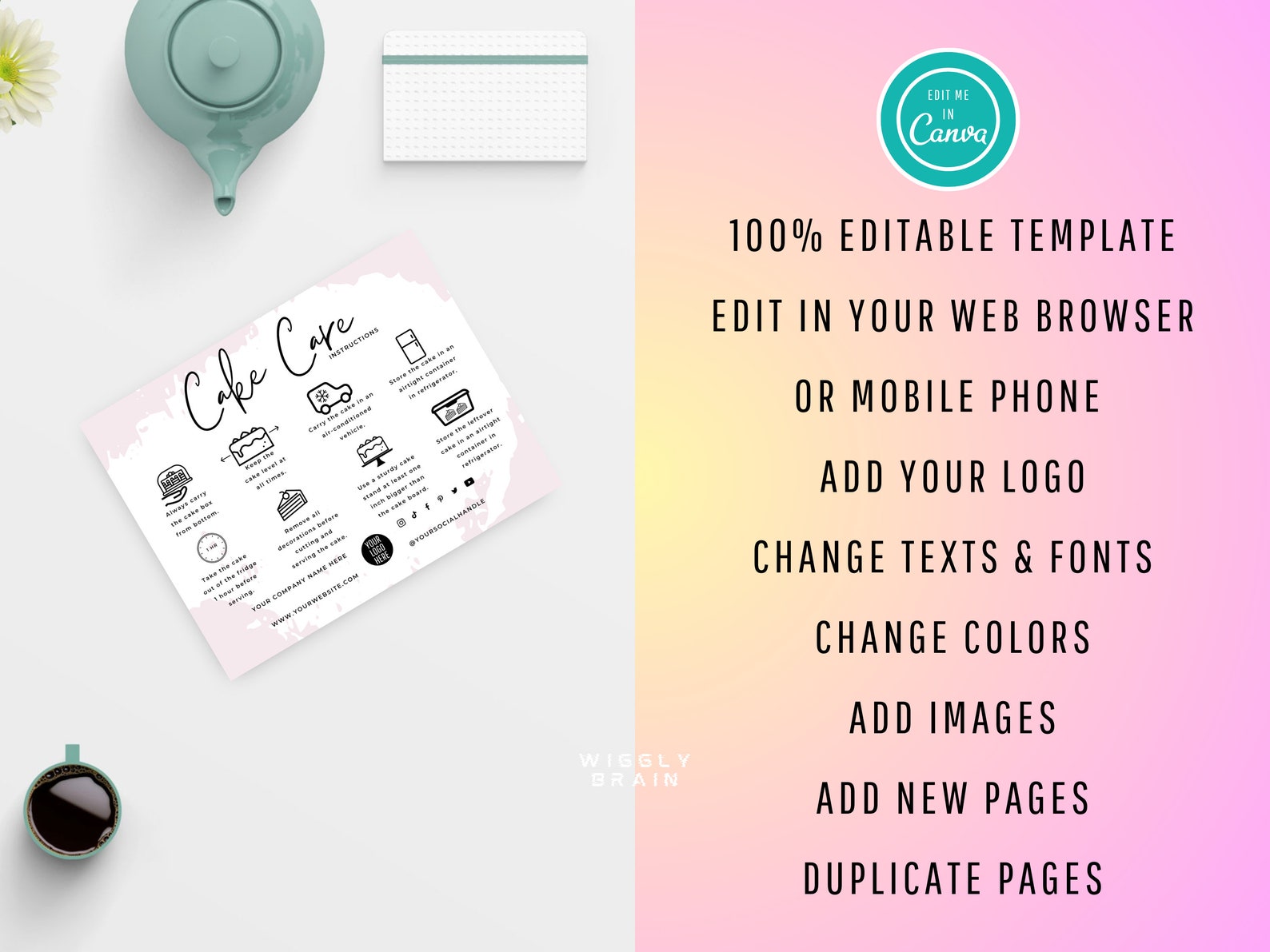 Editable Cake Care Card Template, Wedding Cake Care Instructions ...