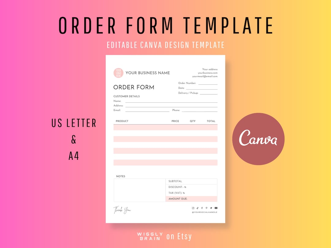 Custom Order Form Template, Purchase Order Form Template, Editable ...