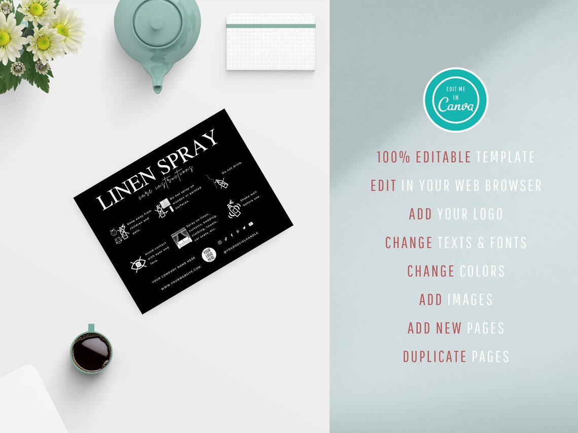 Editable Linen Spray Care Card Template, Fabric Mist Care Instructions ...