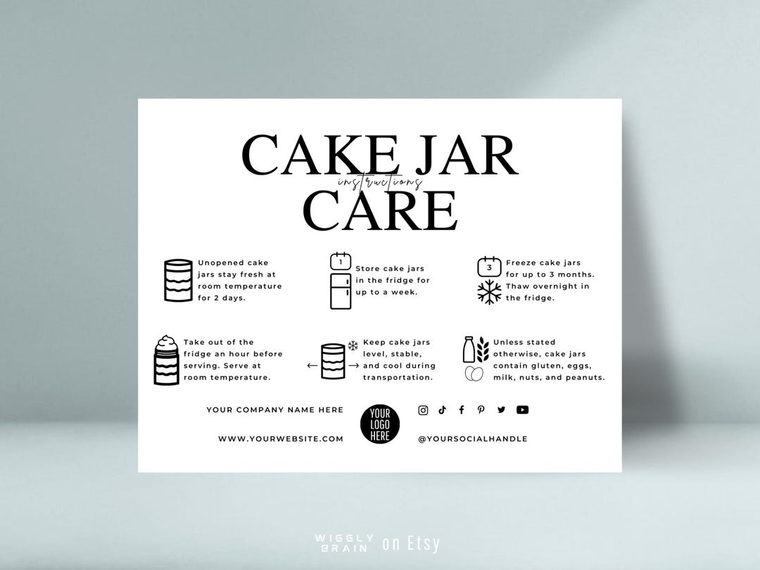 Cake Jar Care Card Template, Cake in a Jar Storage Instructions ...