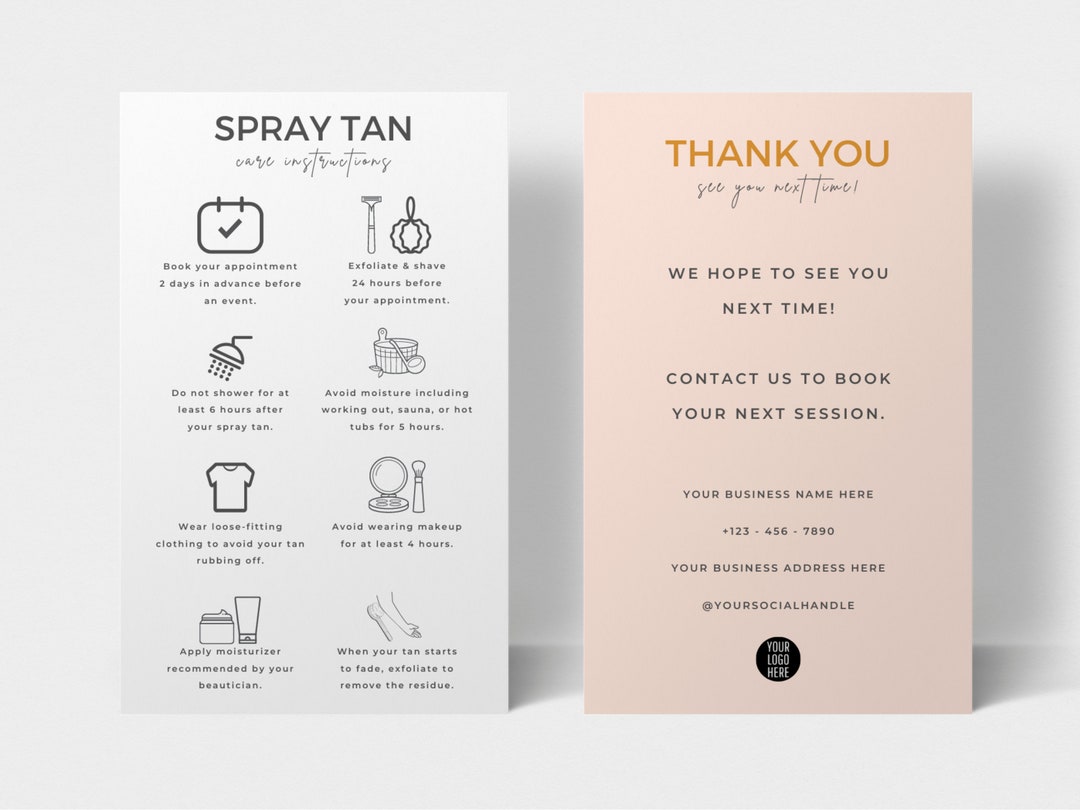 Editable Spray Tan Care Card Template, Tanning Aftercare Instructions ...
