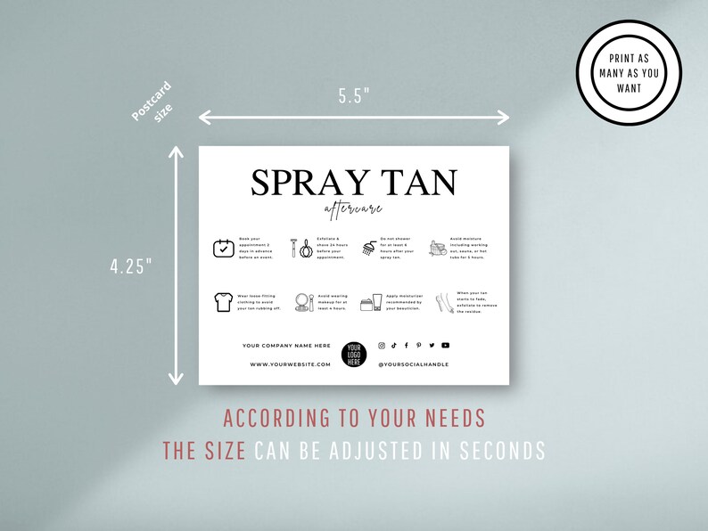 Editable Spray Tan Care Card Template Tanning Aftercare - Etsy