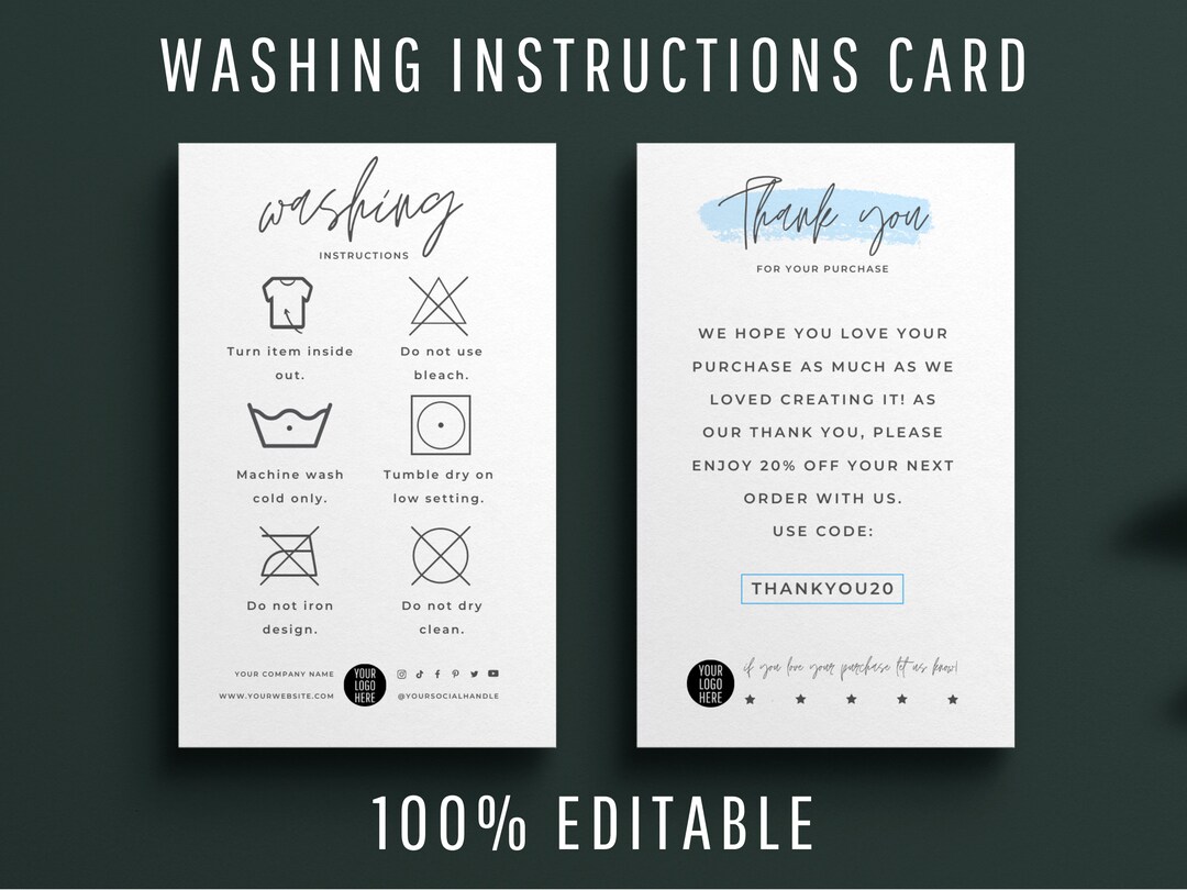 Mini Washing Instructions Card Template, Printable Clothing Care Cards ...