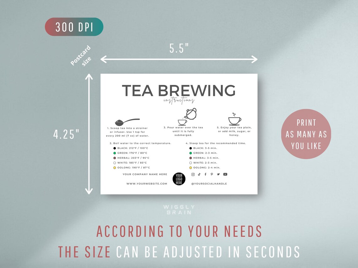 Tea Brewing Guide Card Template, Loose Tea Steeping Instructions, Boho ...