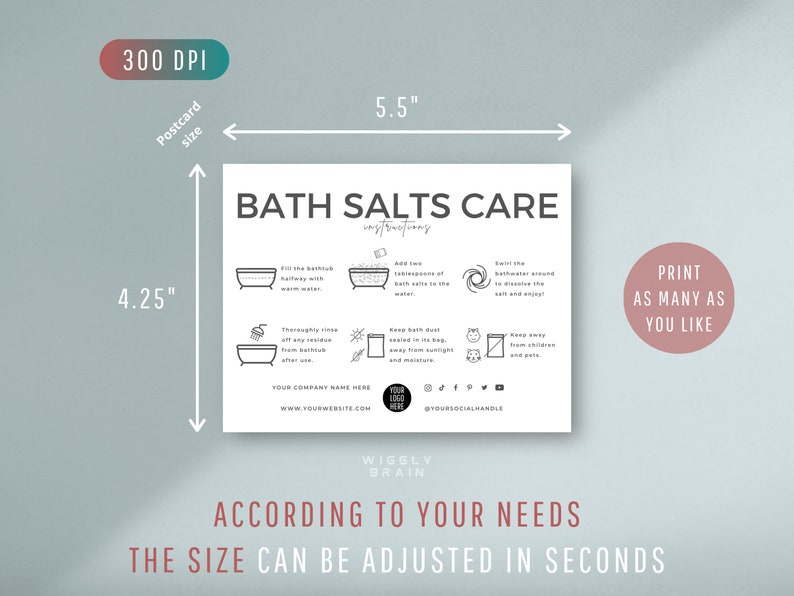 Editable Bath Salts Care Card Template, Epsom Salt Care Guide ...