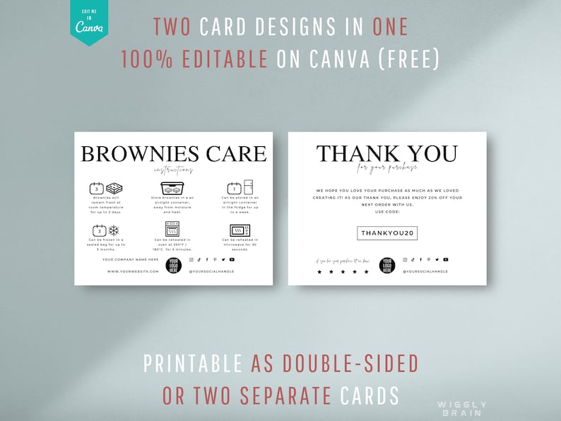 Editable Brownies Care Card Template, Brownie Storage Instructions ...