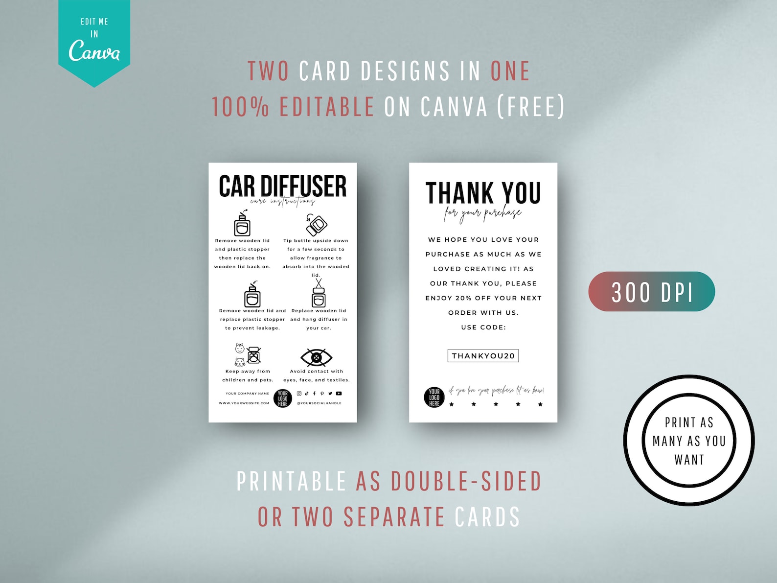 Mini Car Diffuser Care Card Template, Editable Car Scent Care ...