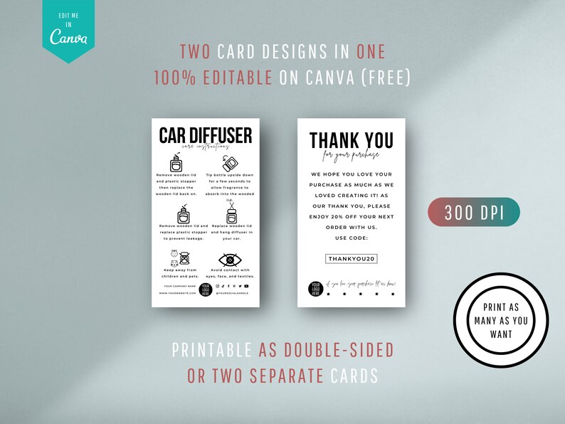 Mini Car Diffuser Care Card Template, Editable Car Scent Care ...