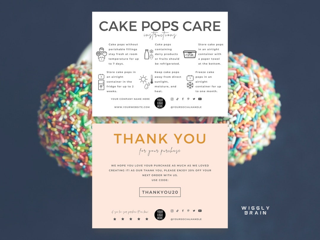 Cake Pops Care Instructions Card Template, Editable Cake Pop Care Card, Cake Lollipops Care ...