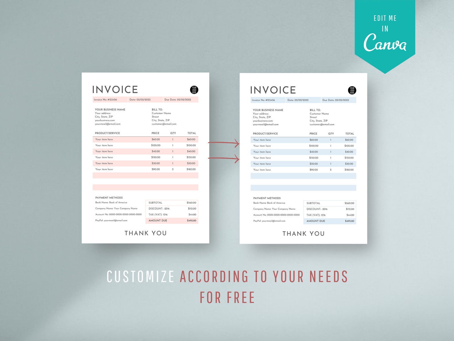 Editable Invoice Template, Printable Business Invoice, Custom Order ...